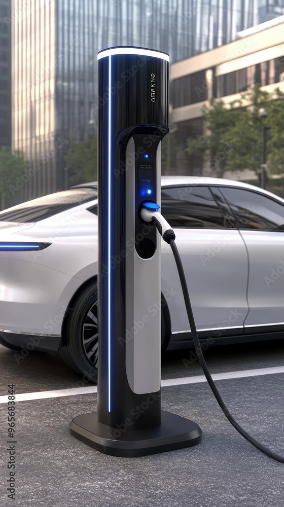 A white electric car is connected to a blue energy cable at an outdoor ...