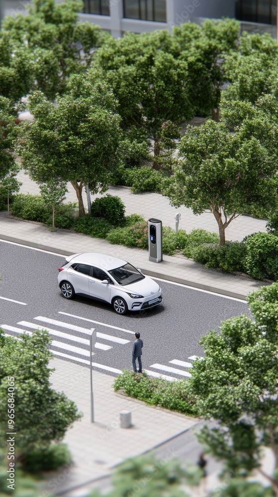 A white electric car is connected to a blue energy cable at an outdoor ...