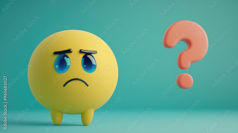 2D cartoon style rendering of a sad character emoticon with a question ...