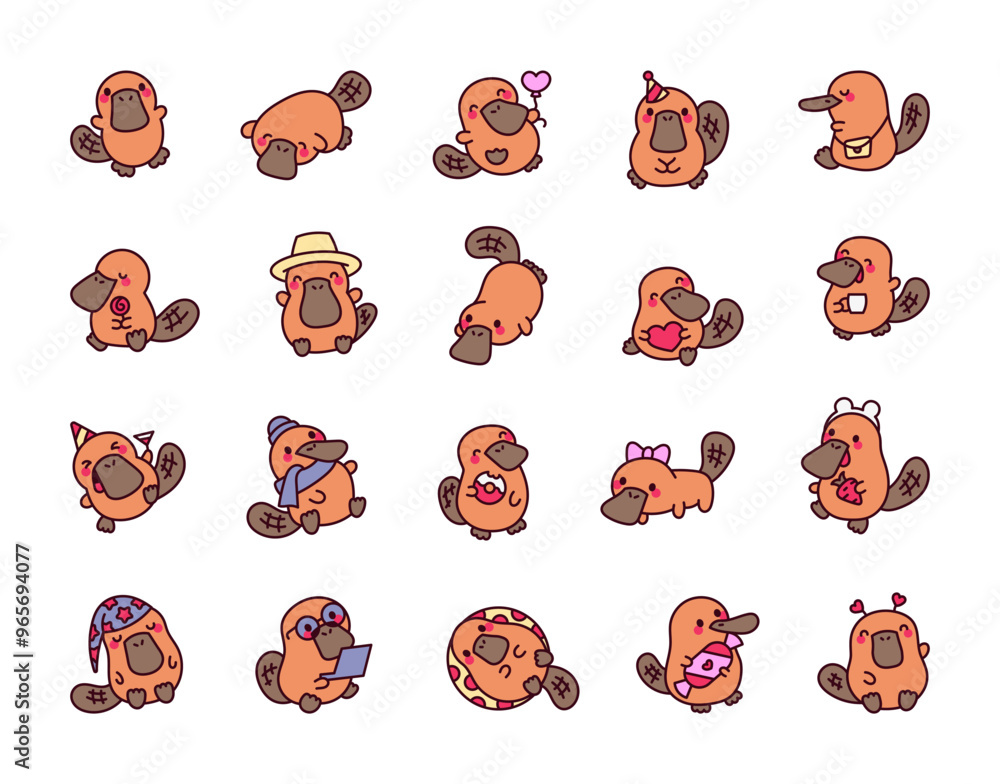 Cute kawaii platypus with funny paws and tail. Adorable cartoon ...