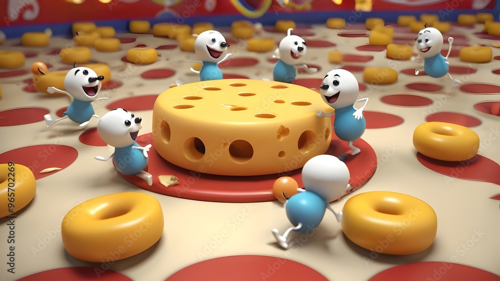 Small, round cheese characters rolling around the scene, playing ...