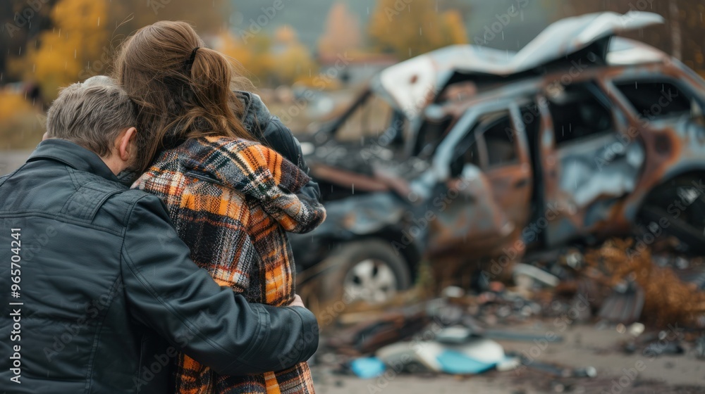 Foto de Emotional aftermath of accident, people hugging and crying near ...