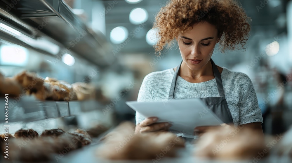 A young female shop worker stands in a bakery, reading a paper while ...