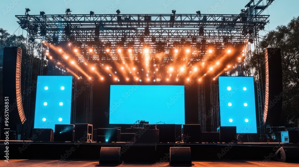 Stage modern rigging large outdoor concert with beam lights sound ...