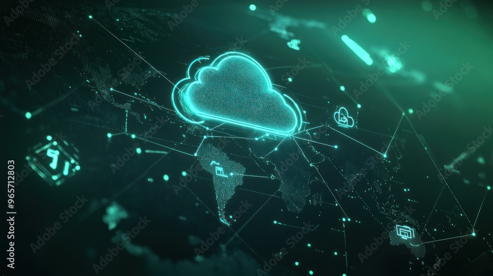 Digital map of the world with modern data storage cloud connected to ...