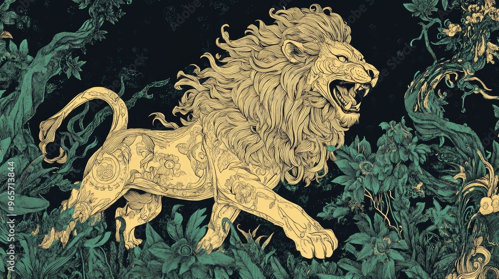 Singha a lion symbol in a mythical forest illustrated in hand drawn ...