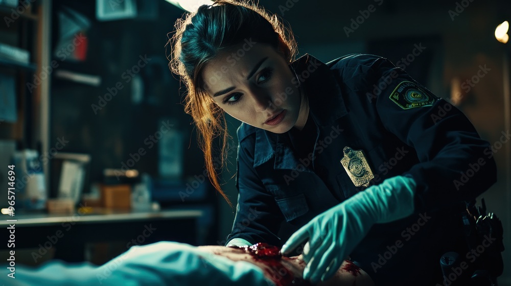 A police officer investigates the body of a crime victim for an autopsy ...