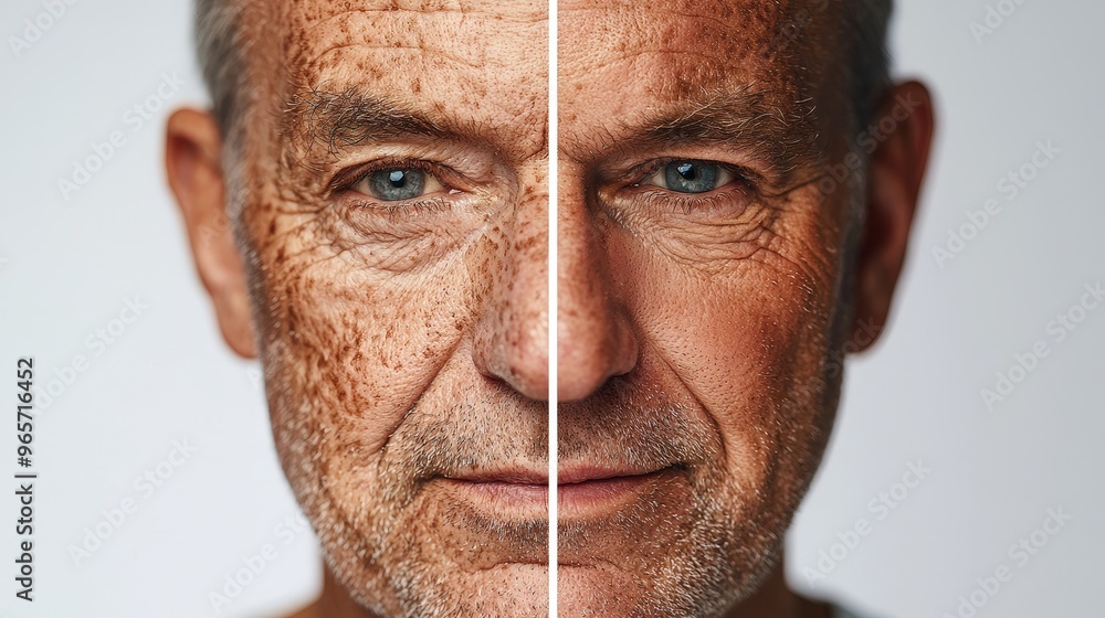 An elderly man displays the stark difference between his youthful and ...