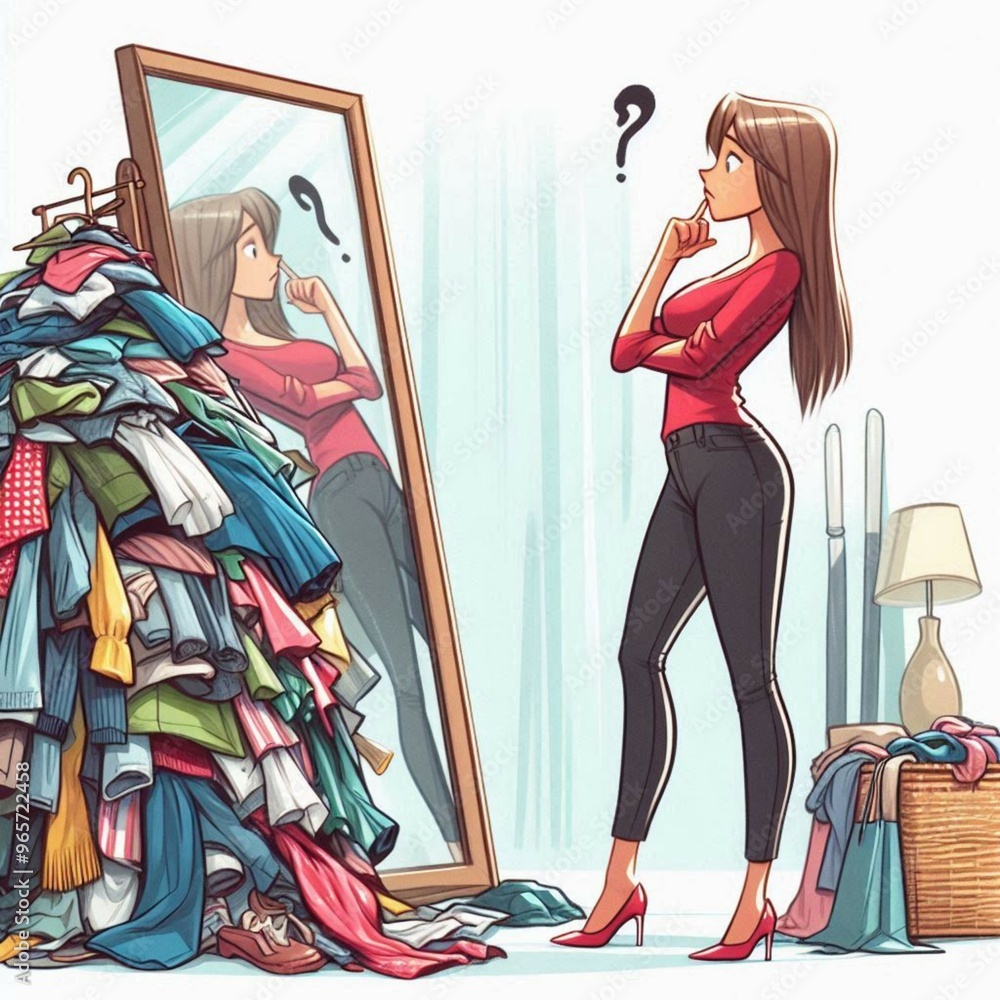 Illustration of indecisive lady looking at a tall pile of clothes next ...