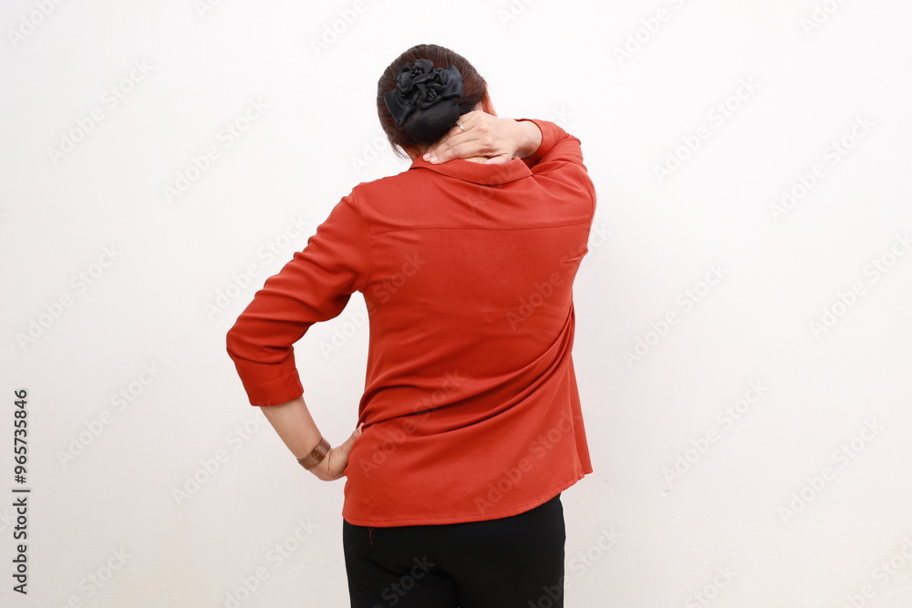 Neck pain muscle stress and strain concept. Stressed Asian woman ...