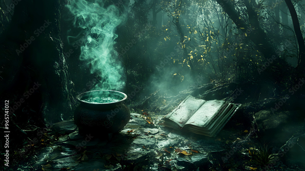 secret witches’ coven in the woods, where potions brew in cauldrons ...