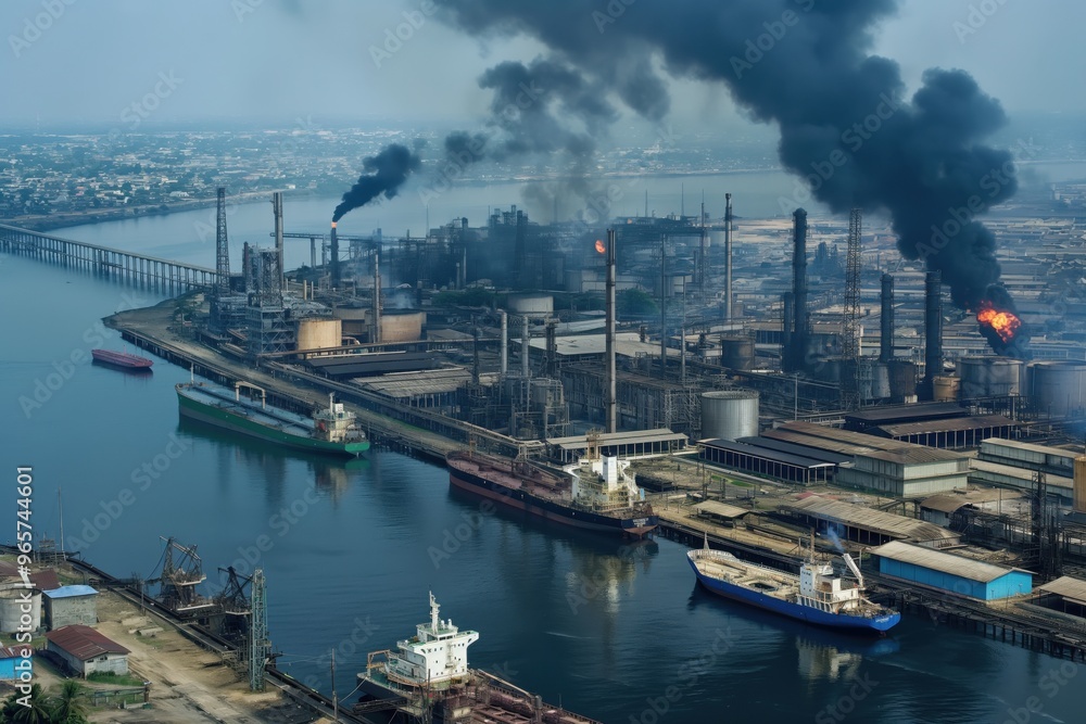 Oil refinery is emitting black smoke over an industrial port city, with ...