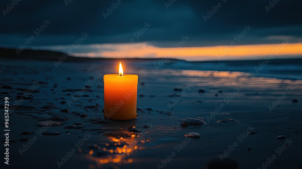 47. A solitary candle flickering in the wind on a desolate beach ...