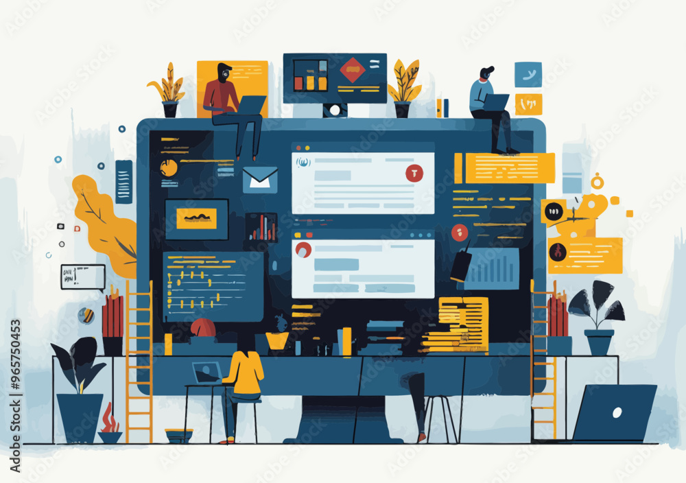 Collaborative Web Development Team Working on Large Digital Interface ...