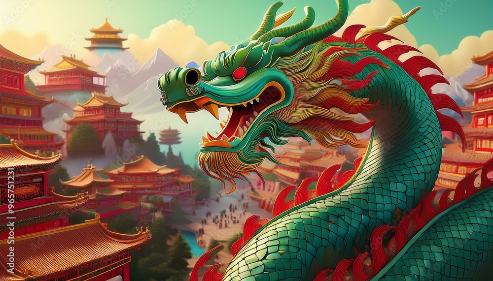 A Chinese dragon flies over an ancient Chinese city. The dragon is ...