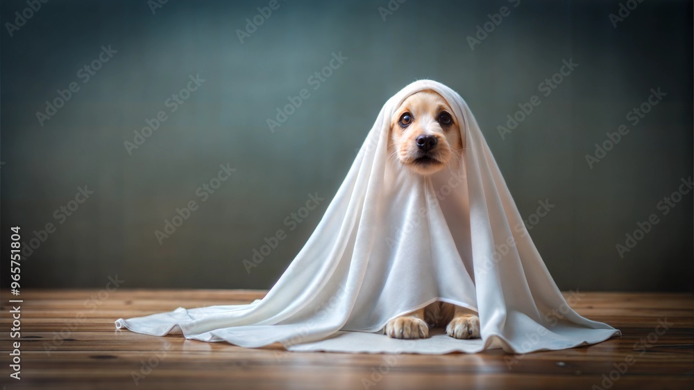 Adorable puppy in a ghost costume, with floating sheet and tiny ...