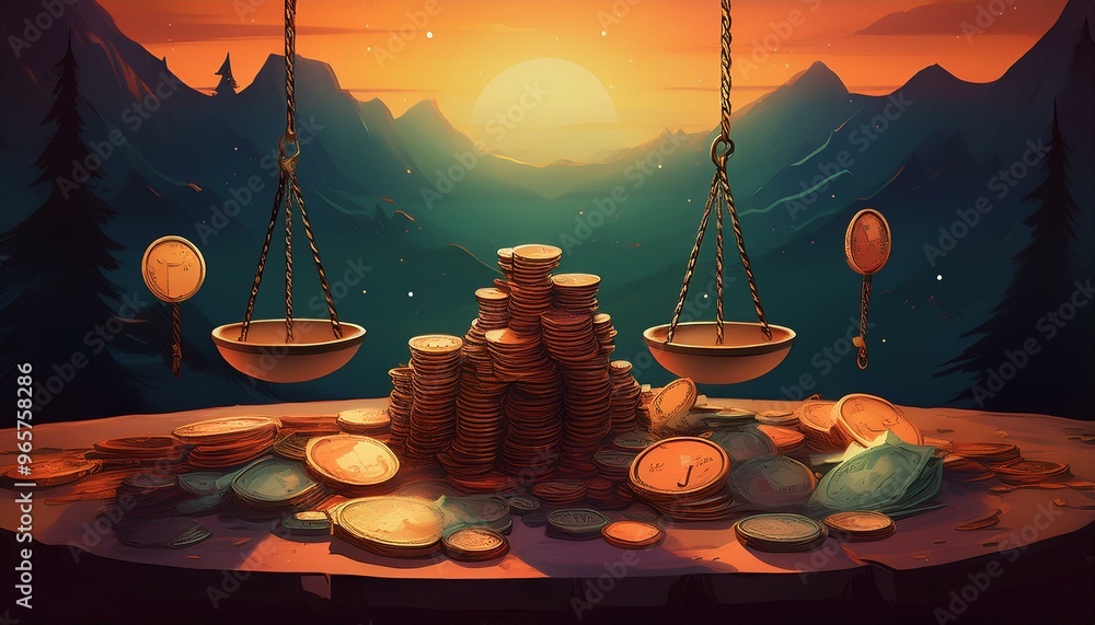 Abstract art depicting wealth weigh in, contrasting savings security ...