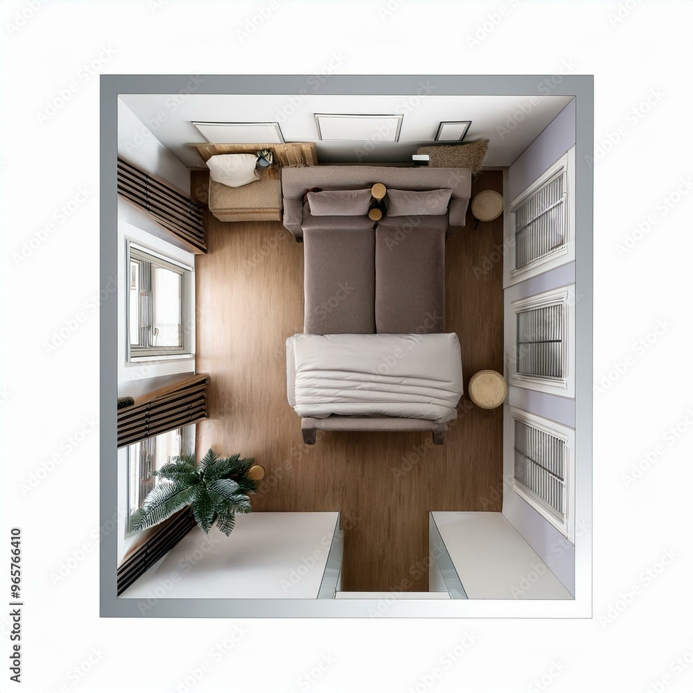 Floor Plan Layout: Compact Guest Room with Pull-Out Sofa Bed in 3D ...