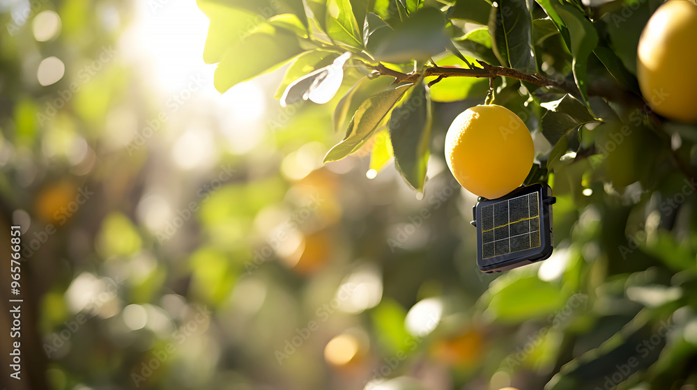 solar-powered IoT sensor attached to a fruit tree, monitoring its health and nutrient levels ...