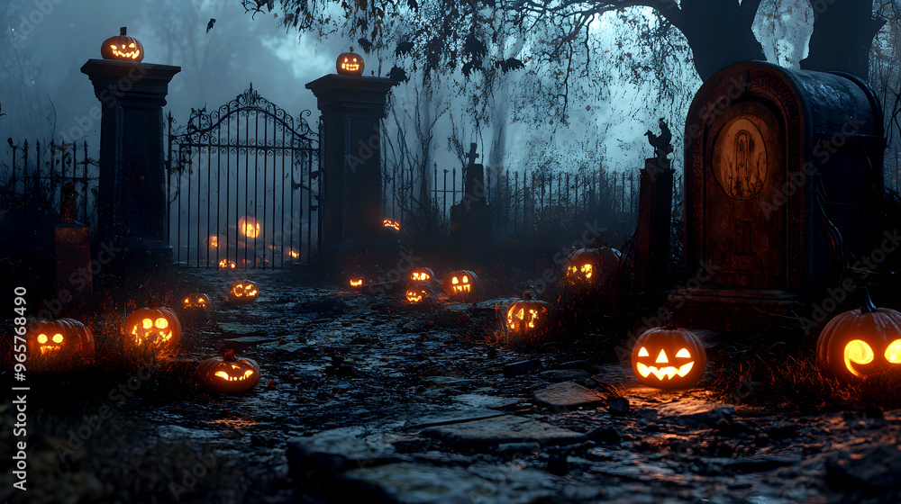spooky cemetery scene with a crooked iron gate, a haunted mausoleum ...