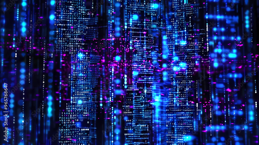 digital artwork that features lines of computer code cascading down in ...