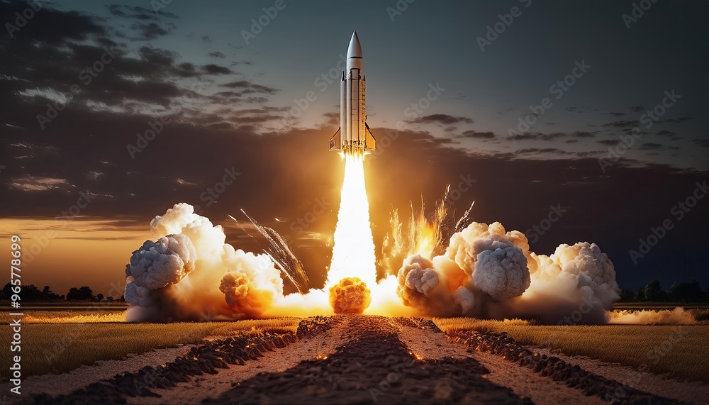 Missile rocket launch with fire and smoke trail, cut out. burning ...