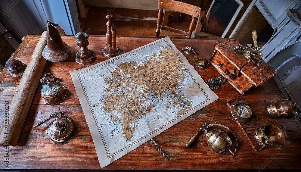 Antique Map Maker's Studio Aged maps and nautical instruments spread ...