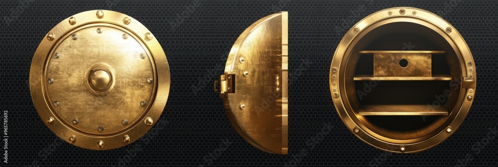 Gold safe door, round bank vault gate with lock. Vector realistic set ... Gold safe door, round bank vault gate with lock. Vector realistic set ...