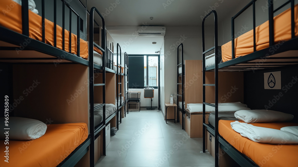 A modern and clean hostel room with multiple bunk beds arranged in two ...