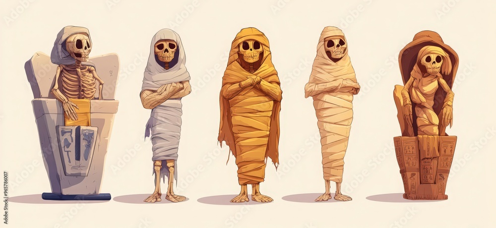 Mummy creation cartoon vector illustration. Stages of mummification ...