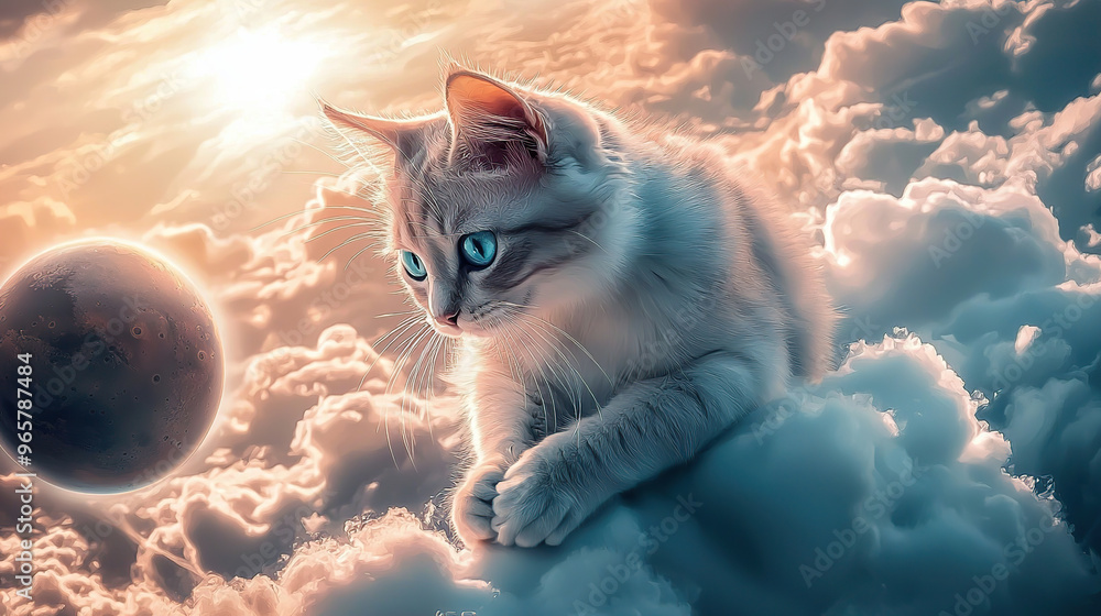 cat, clouds, sky, fluffy, feline, blue, white, dreamy, floating, serene ...
