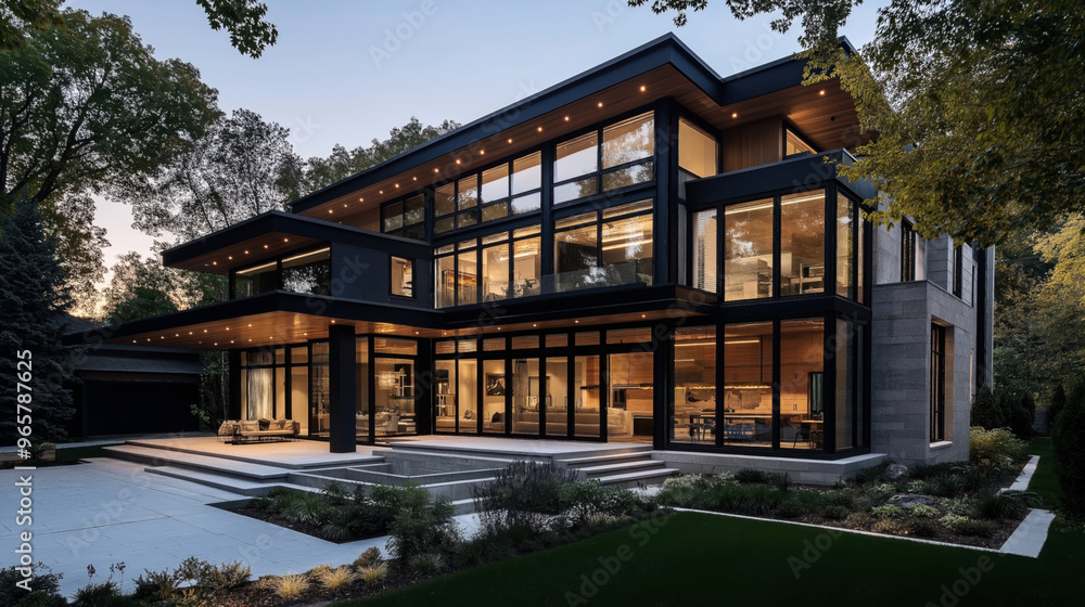 Modern, two-story house with large glass windows and contemporary ...