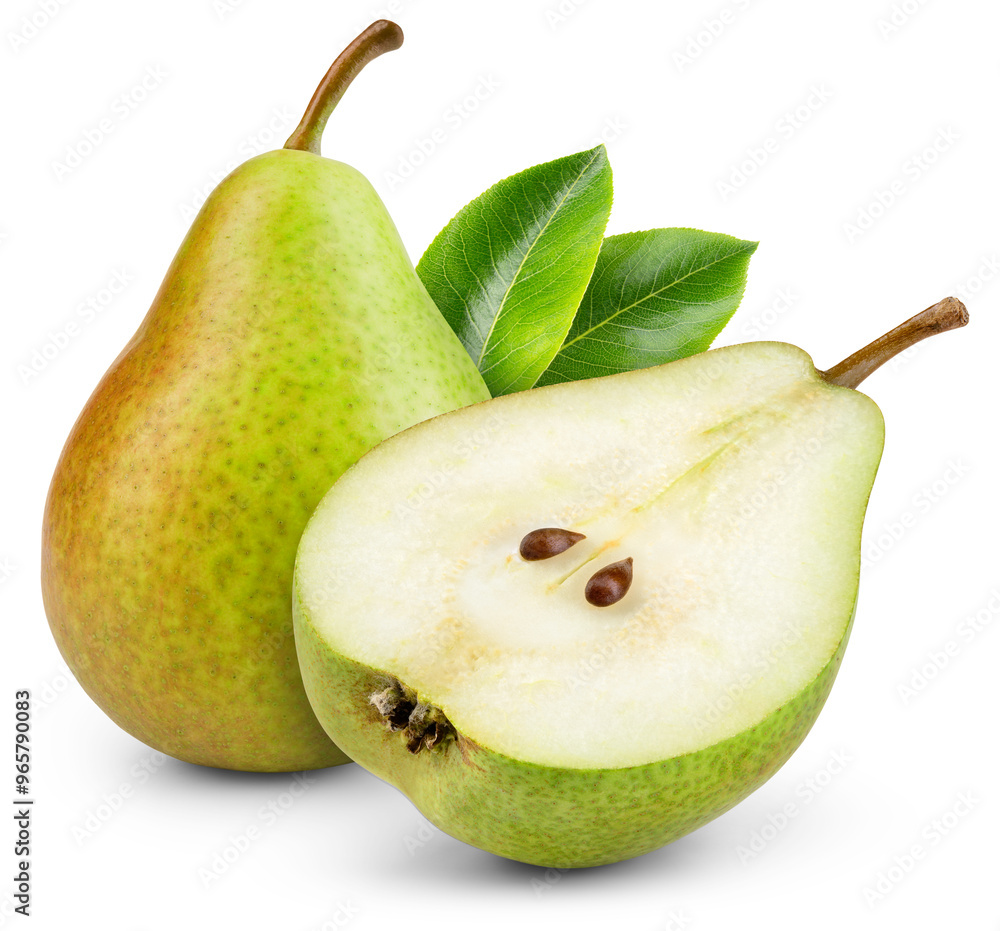 Pear with leaf isolated png. Green pear with a half on transparent ...