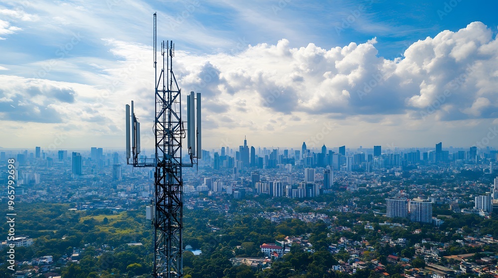 Cellular tower against blue sky with white clouds, 5G antenna ...
