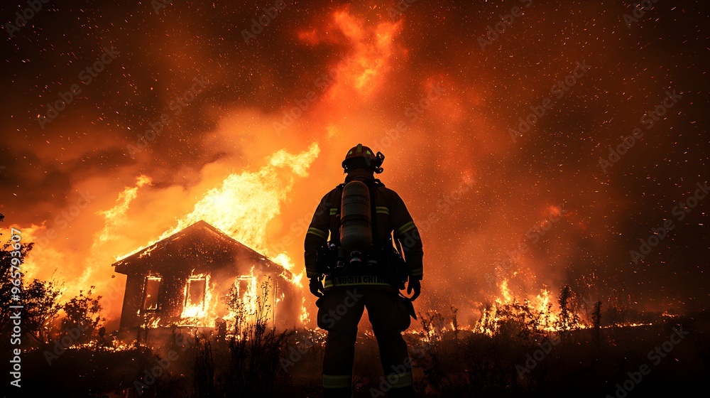 Brave firefighter facing an engulfed house, night sky ablaze with ...