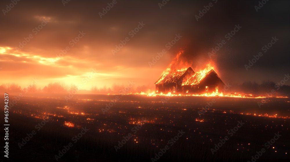 Dramatic night scene of a farmhouse fire, haystacks igniting, sky ...
