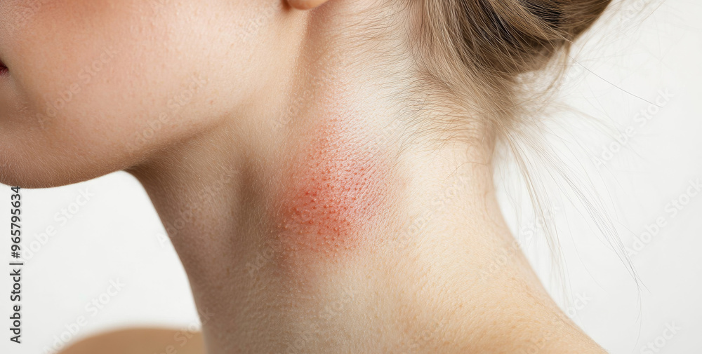 Close-up of a red, irritated skin rash on the back of a woman's neck ...