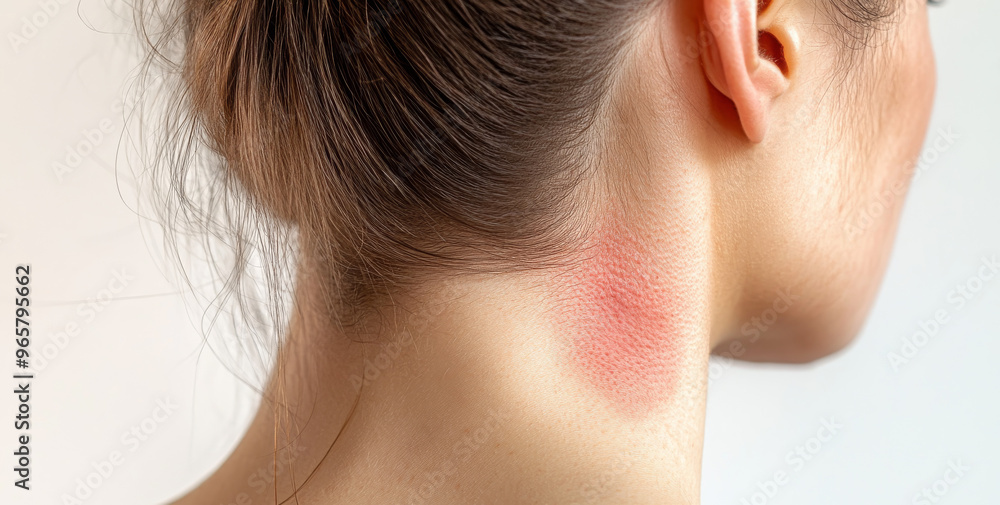 Close-up of a red, irritated skin rash on the back of a woman's neck ...