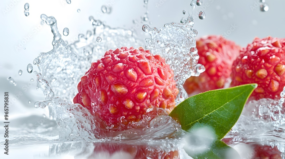 Fresh ripe lychee fruit, water splash explosion, transparent white ...