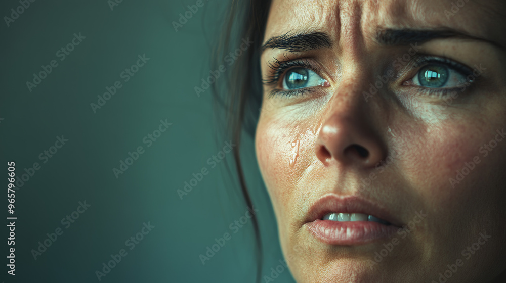Emotional close-up of a woman crying with tears on her cheek ...