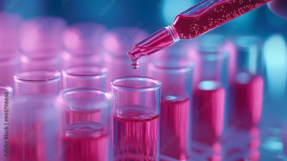 Laboratory test tubes with pale red liquid, pipette adding sample ...
