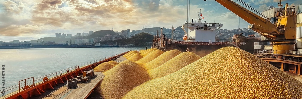 A cargo ship is loading corn on the deck, with large piles of yellow ...