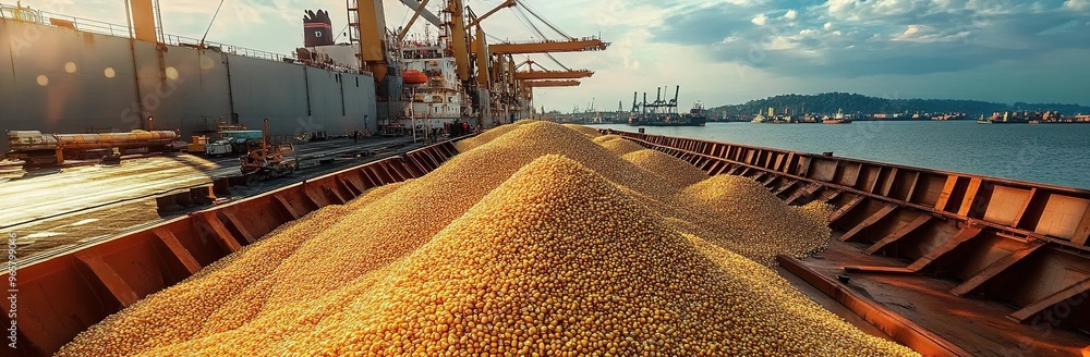 A cargo ship is loading corn on the deck, with large piles of yellow ...
