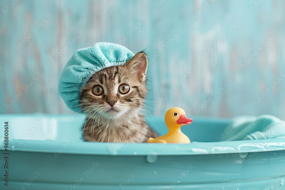 cute tabby cat in shower cap sitting in bathtub with small yellow ...
