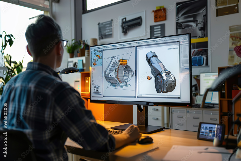Virtual industrial designer creating 3D models of machinery, refining ...