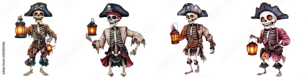 Four unique pirate skeletons holding lanterns, showcasing distinct ...