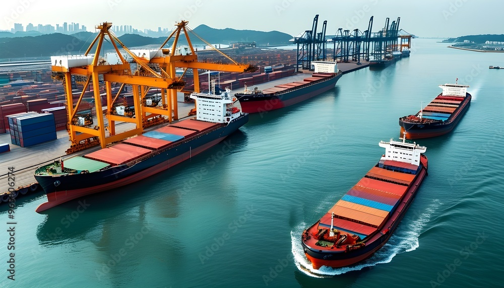 Dynamic seaport operations featuring cargo ships and barges during ...