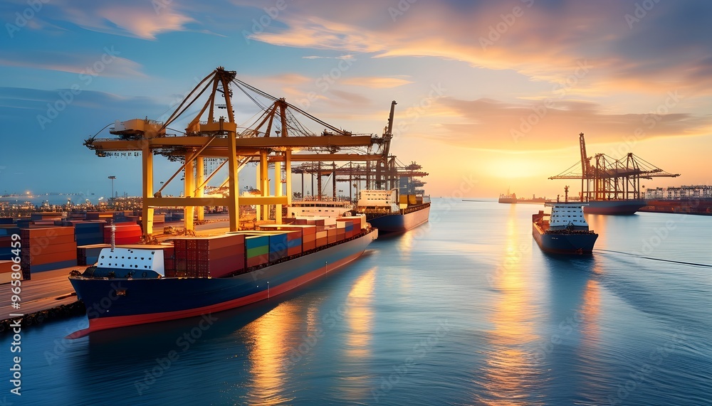 Dynamic seaport operations featuring cargo ships and barges during ...