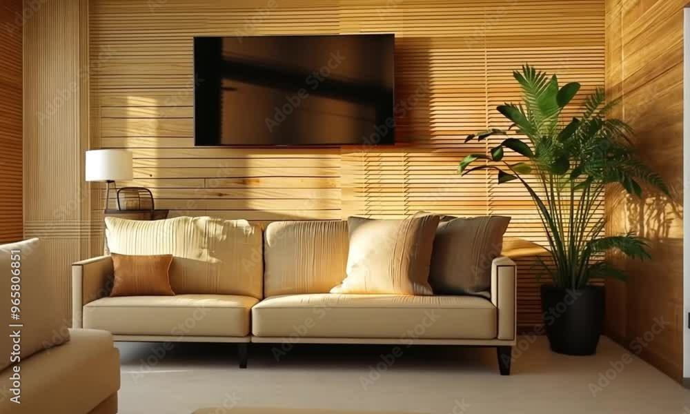 A serene living room with natural color furniture, a fabric sofa, and a ...