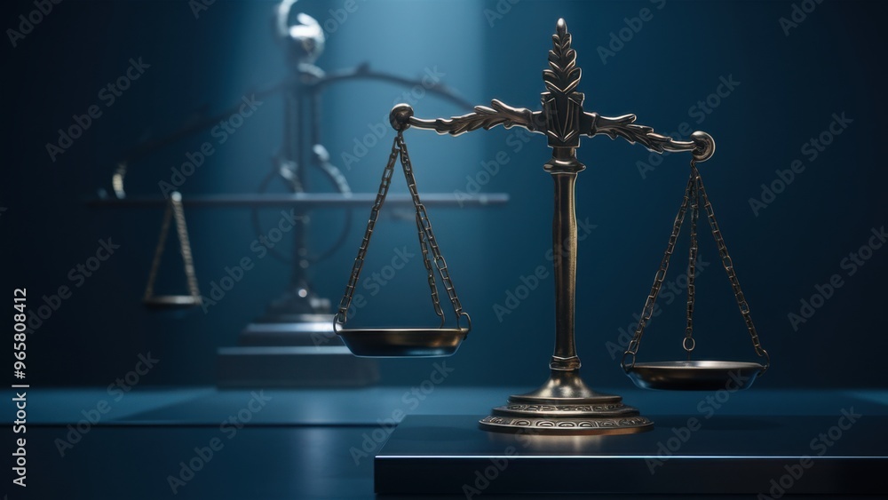 Classic brass scales of justice illuminated by a single beam of light ...